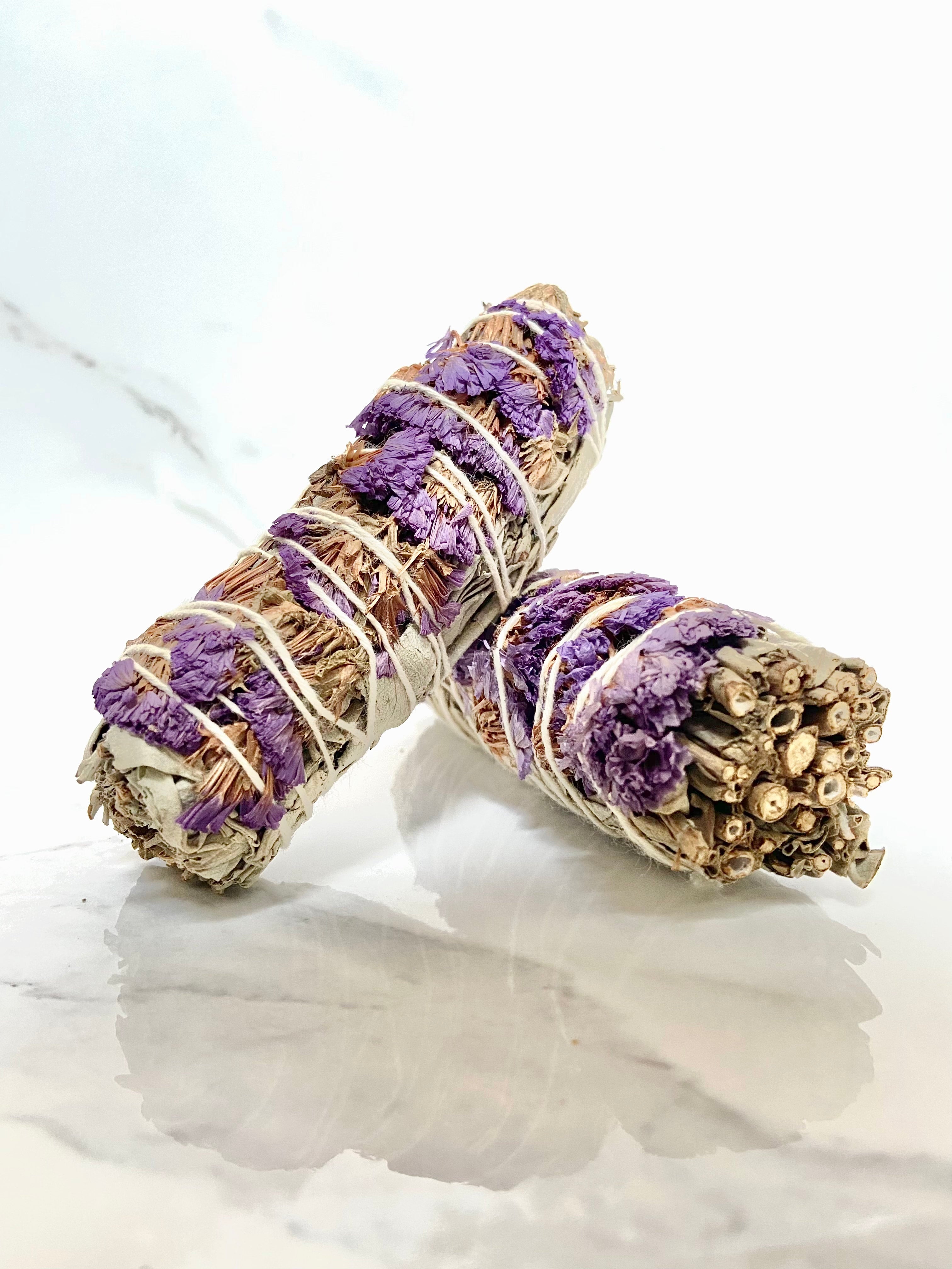 Sustainably sourced white sage + purple sinuata flower bundle